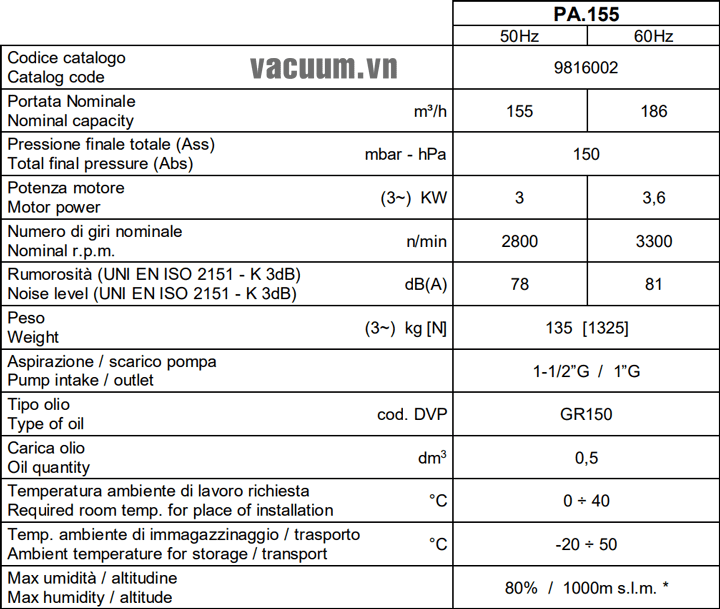 Bơm chân không DVP PA 155